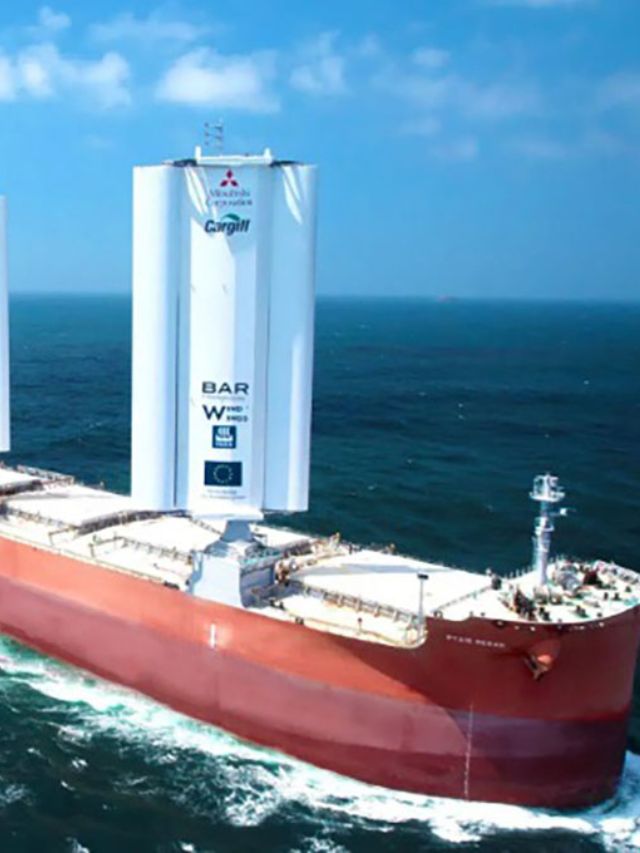 Navio ‘movido a vento’ de 230 metros chega ao Brasil